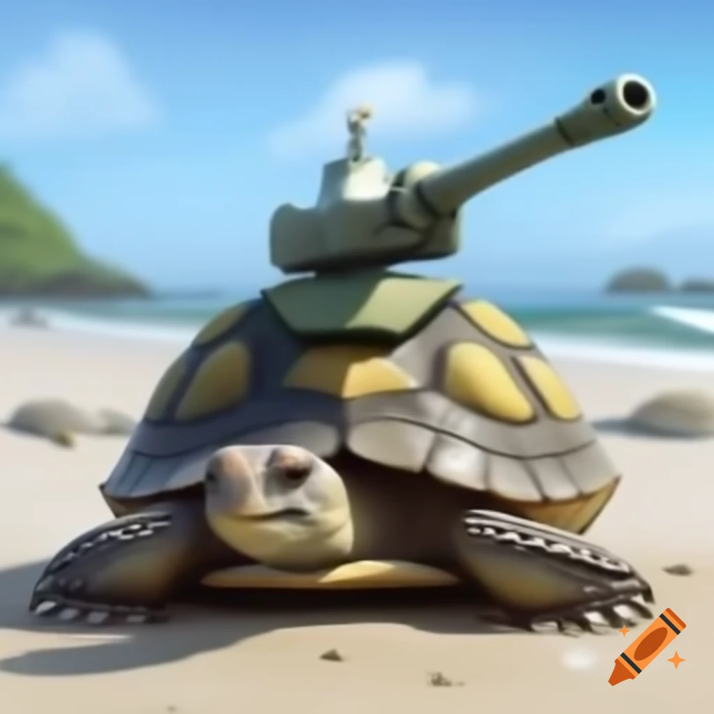 Turtle with tank turret on its shell at the beach on Craiyon
