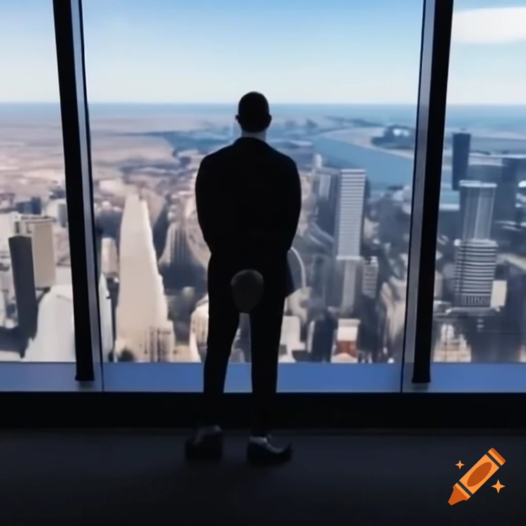 LeBron James in a suit smiling from skyscraper overlooking city on Craiyon