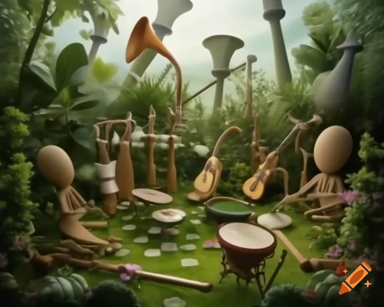 Surreal garden with giant musical instruments in collage art style on ...