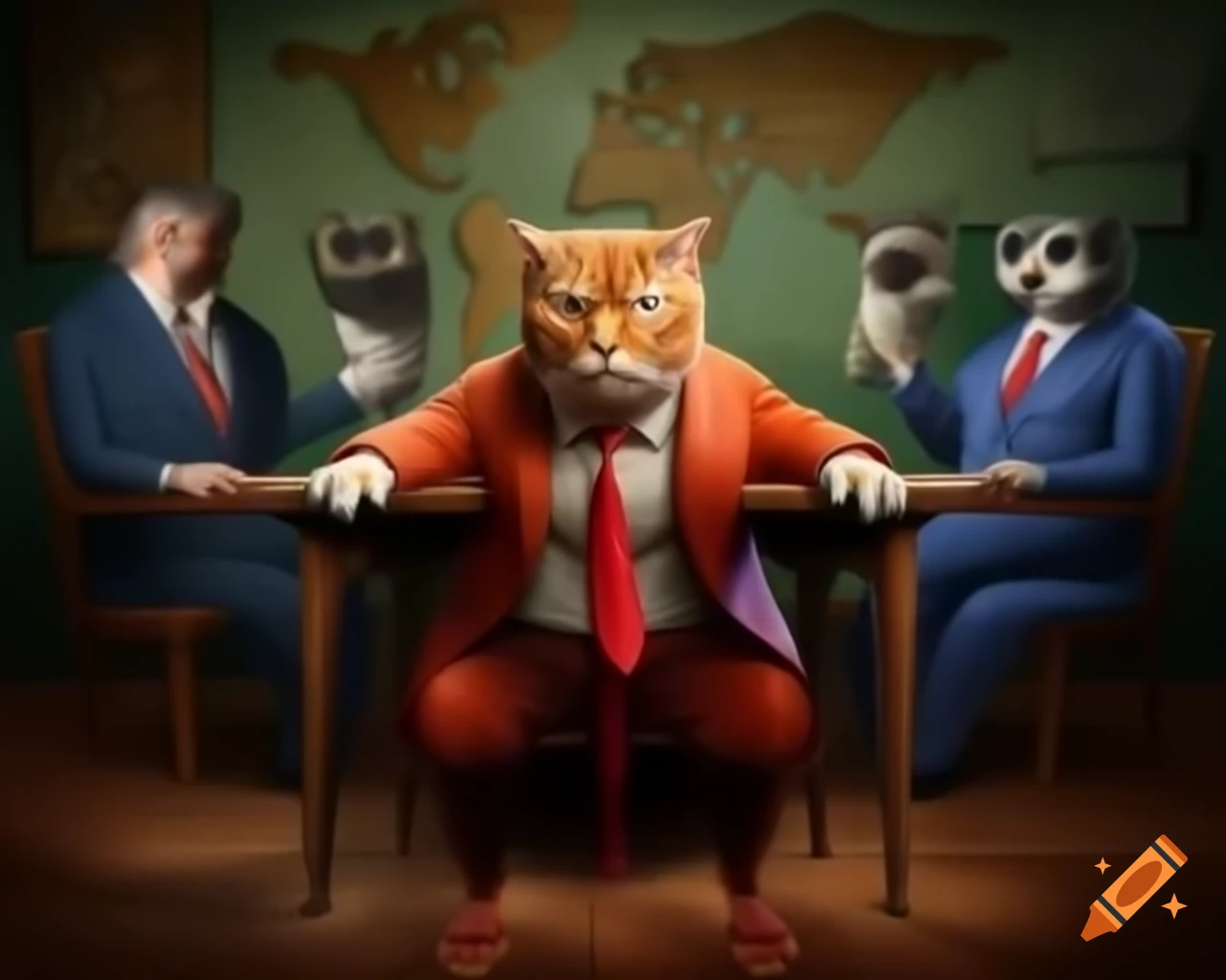 Orange cat in suit negotiating with two suited cats in office with ...