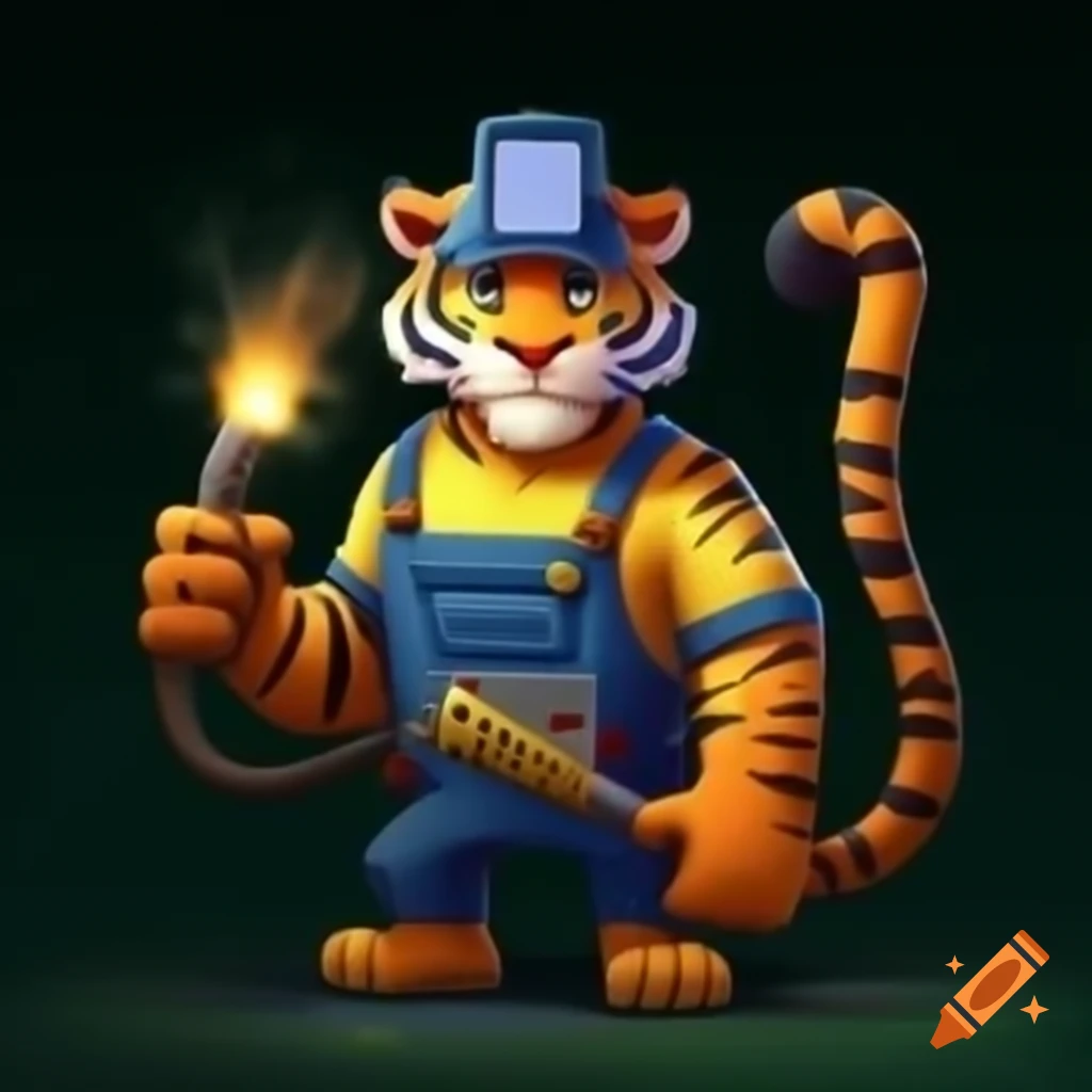 Cartoon tiger in welder's helmet holding welding torch and equipment on ...