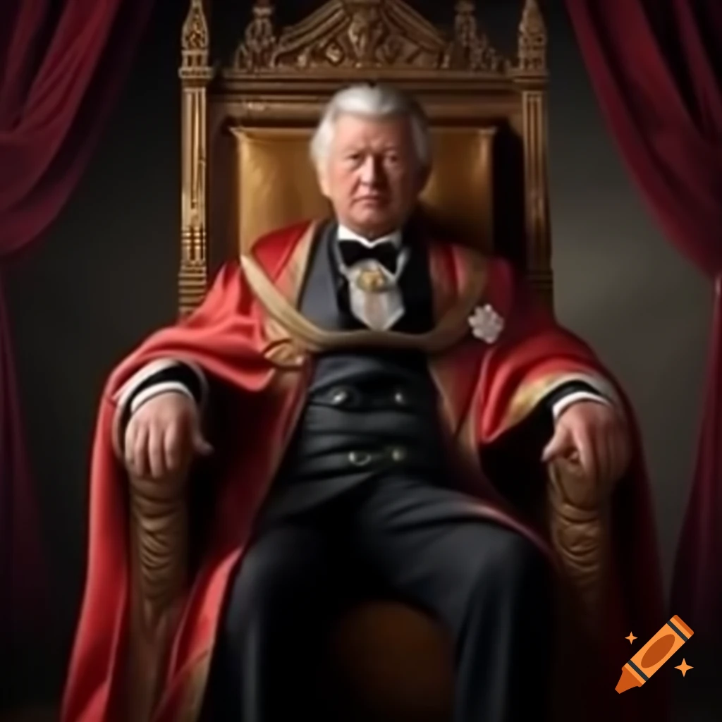 Caucasian king in regal robe and suit with gold Rolex on throne on Craiyon