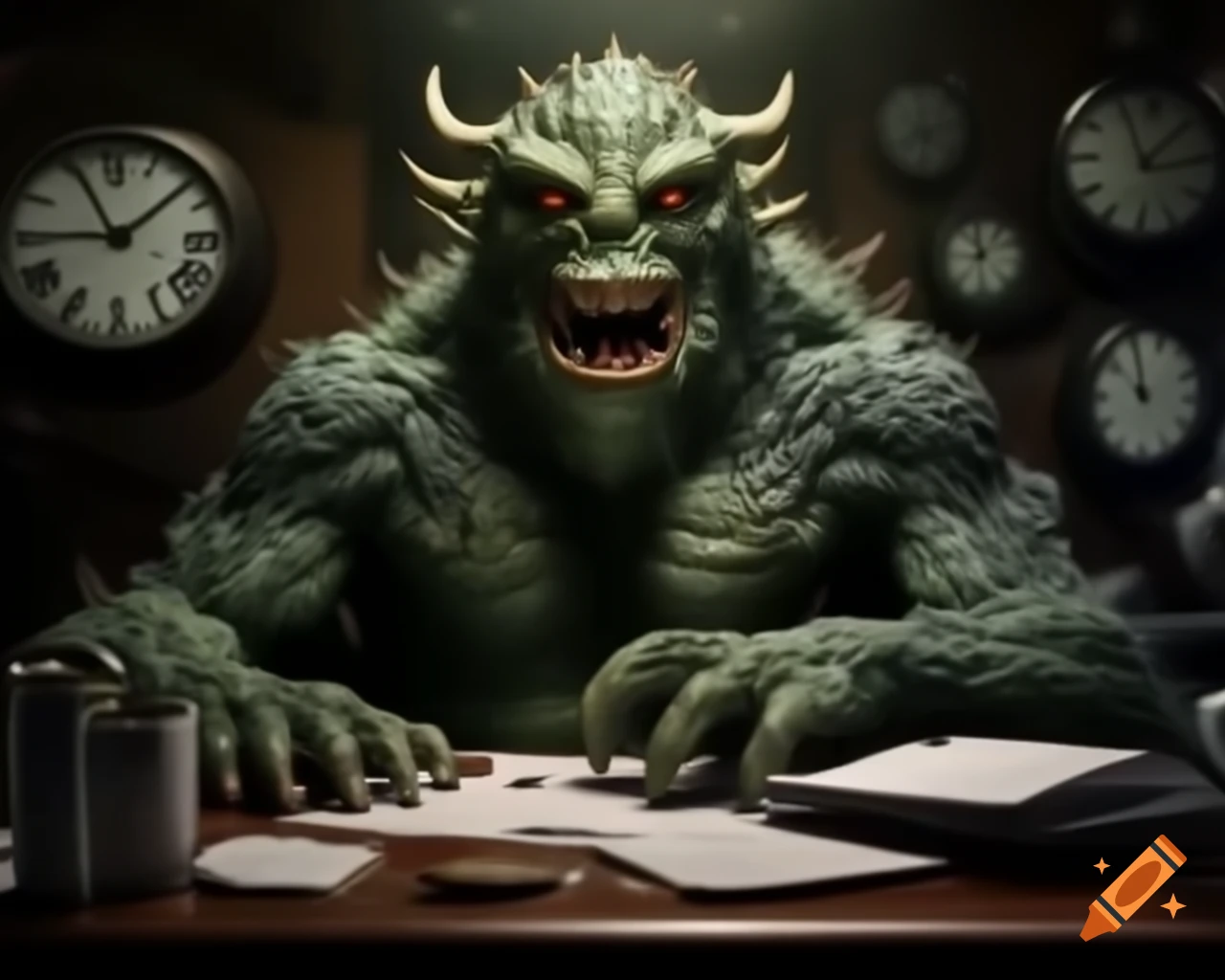 Intimidating monster with scales sitting at desk with papers and ...
