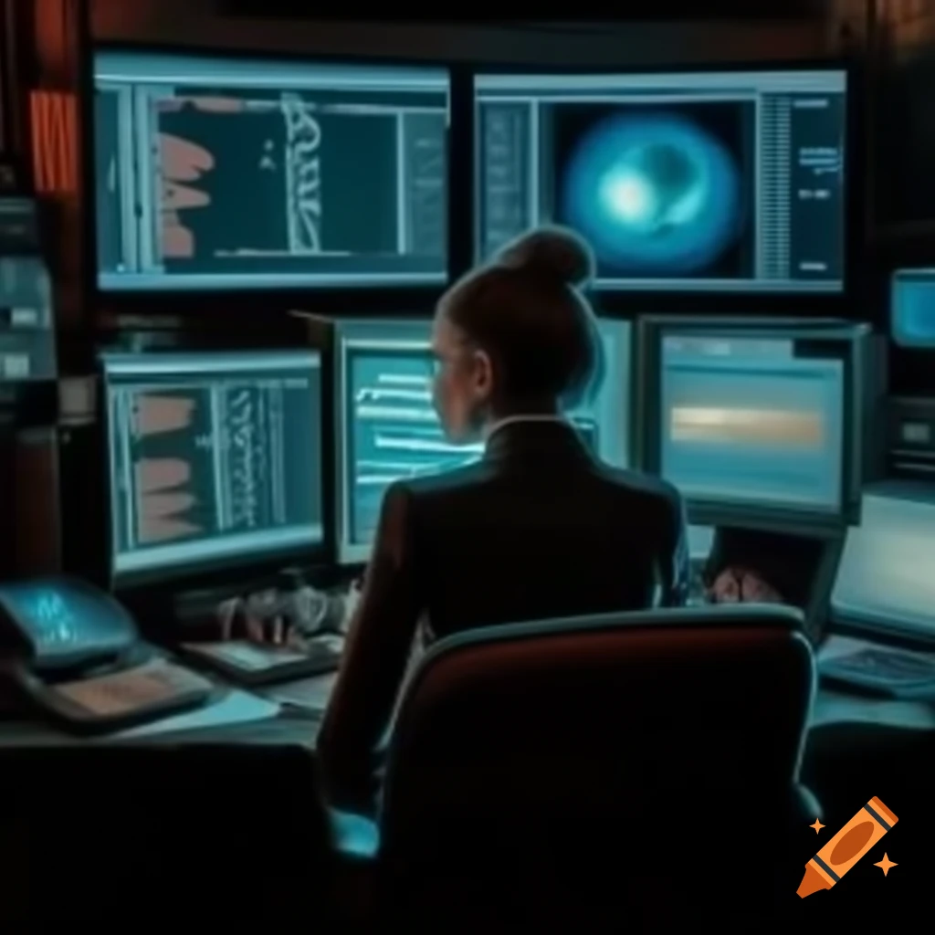 Scientist at console in dimly lit room, monitor showing dying star on ...