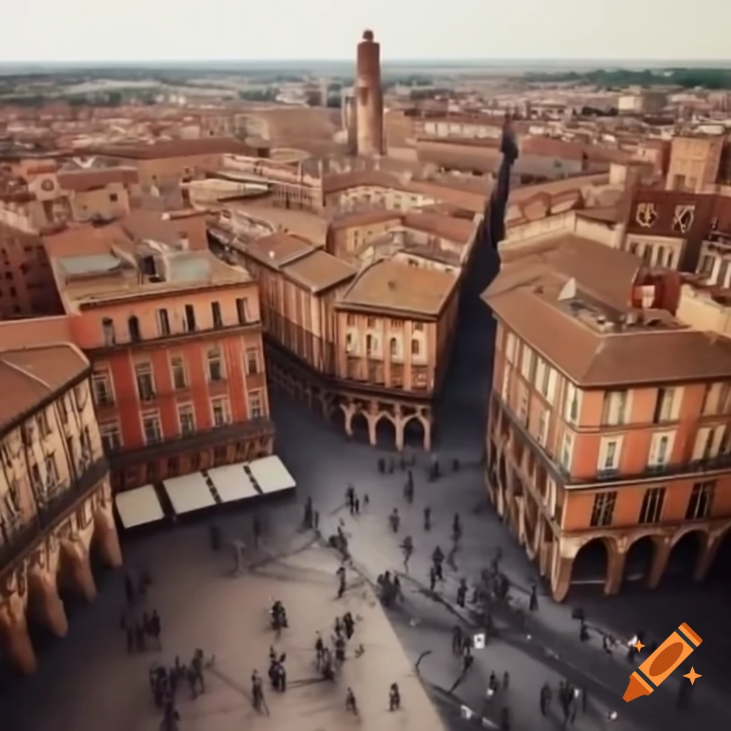 Drone view of medieval Toulouse streets in 1600, isometric perspective ...