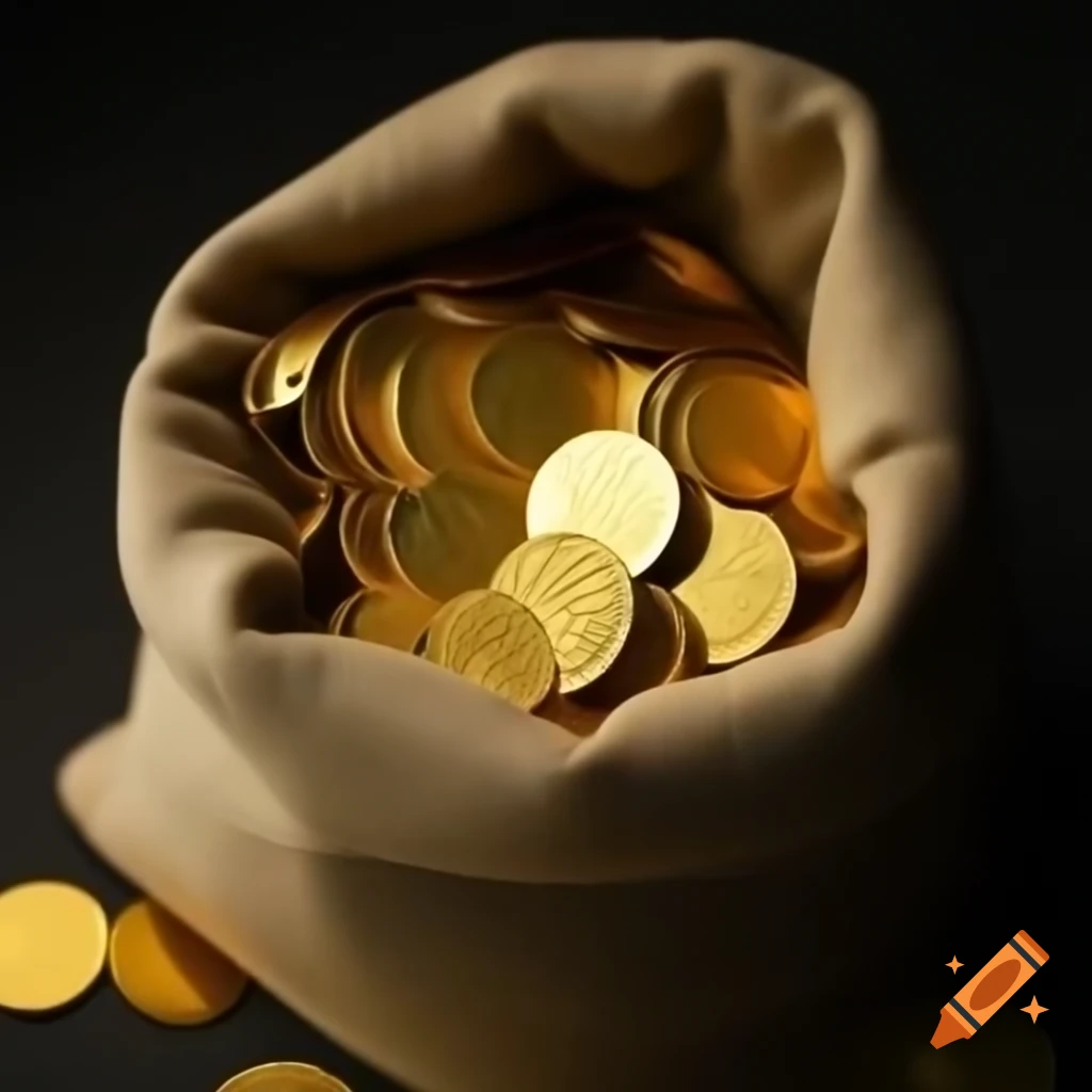 Open green velvet sack overflowing with gold coins on Craiyon