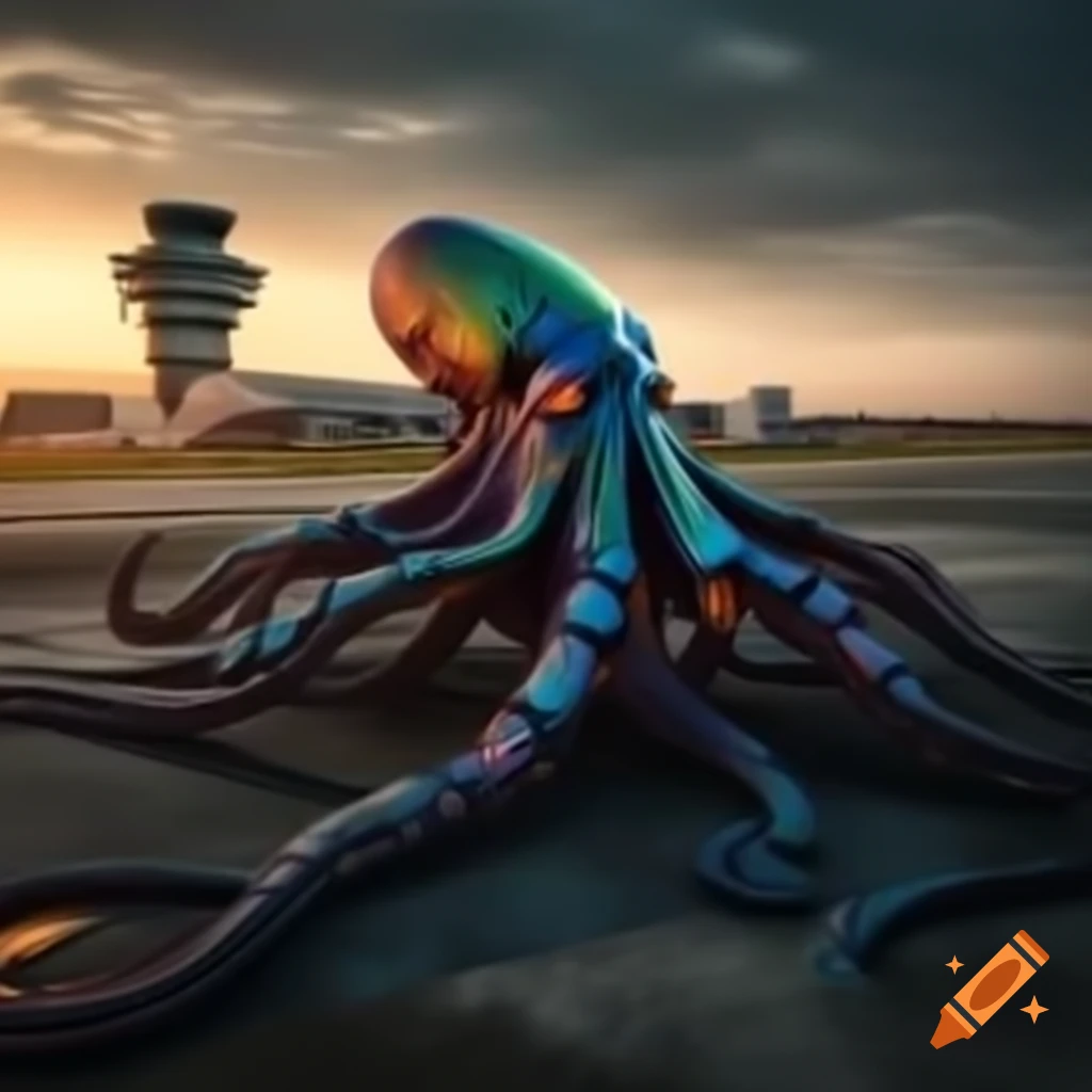 Giant mechanical squid with holographic skin above abandoned airport at sunset on Craiyon
