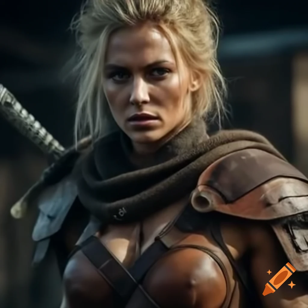 Fierce female warrior with blonde hair in leather armor wielding a massive sword during a storm ...