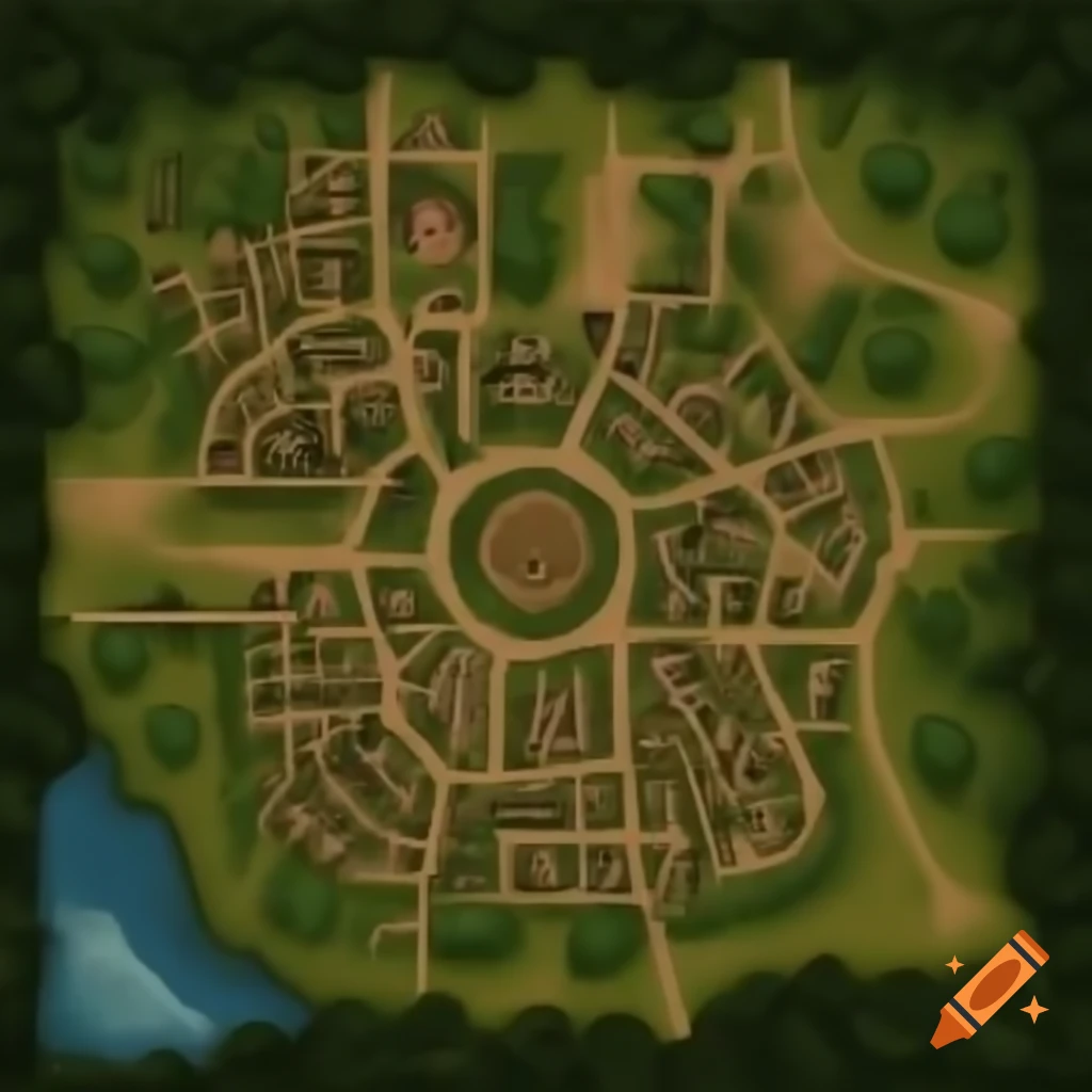 Aerial map of medieval logging town with roundabout and surrounding ...