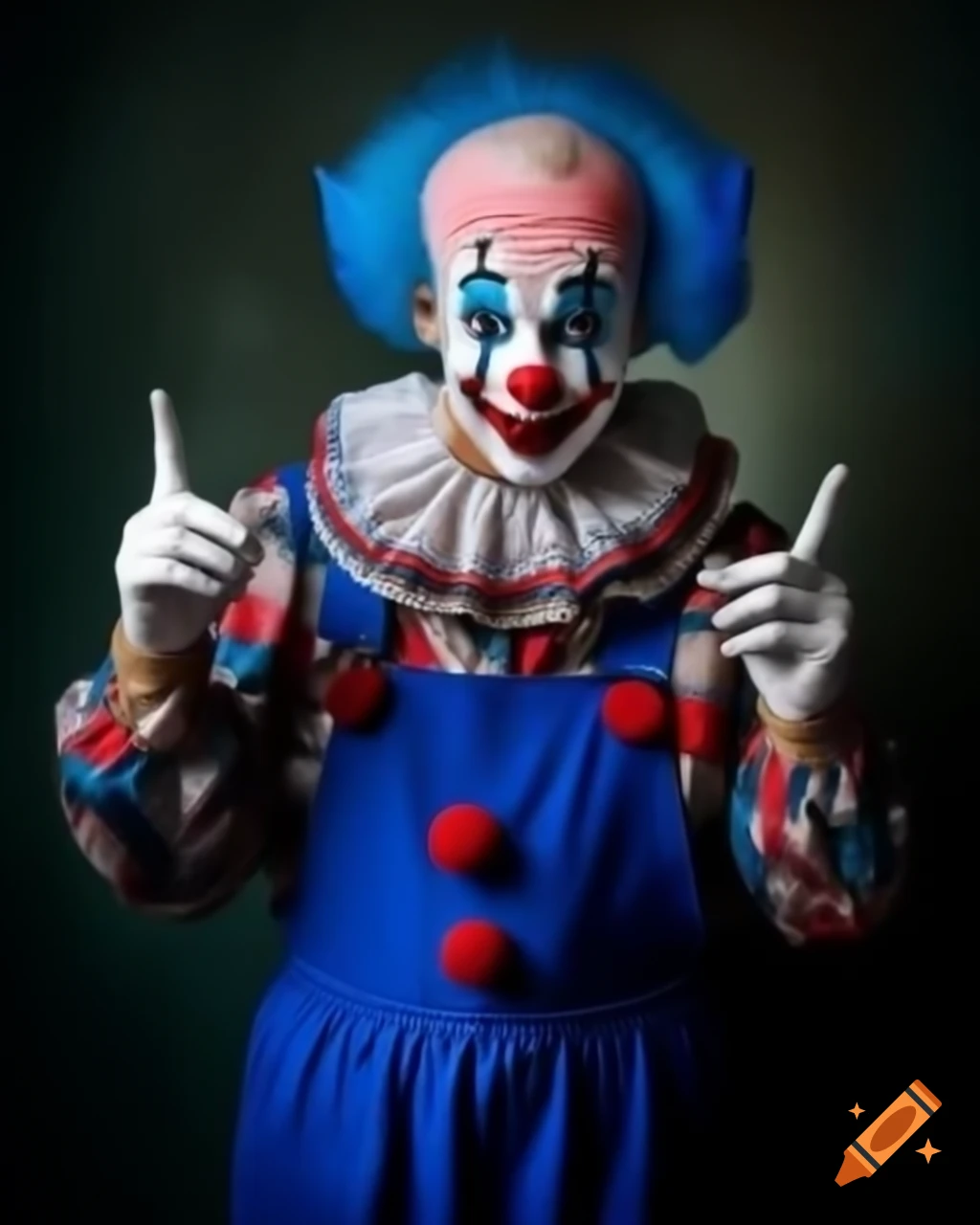 Enthusiastic clown with blue hair holding a sign, visually engaging ...