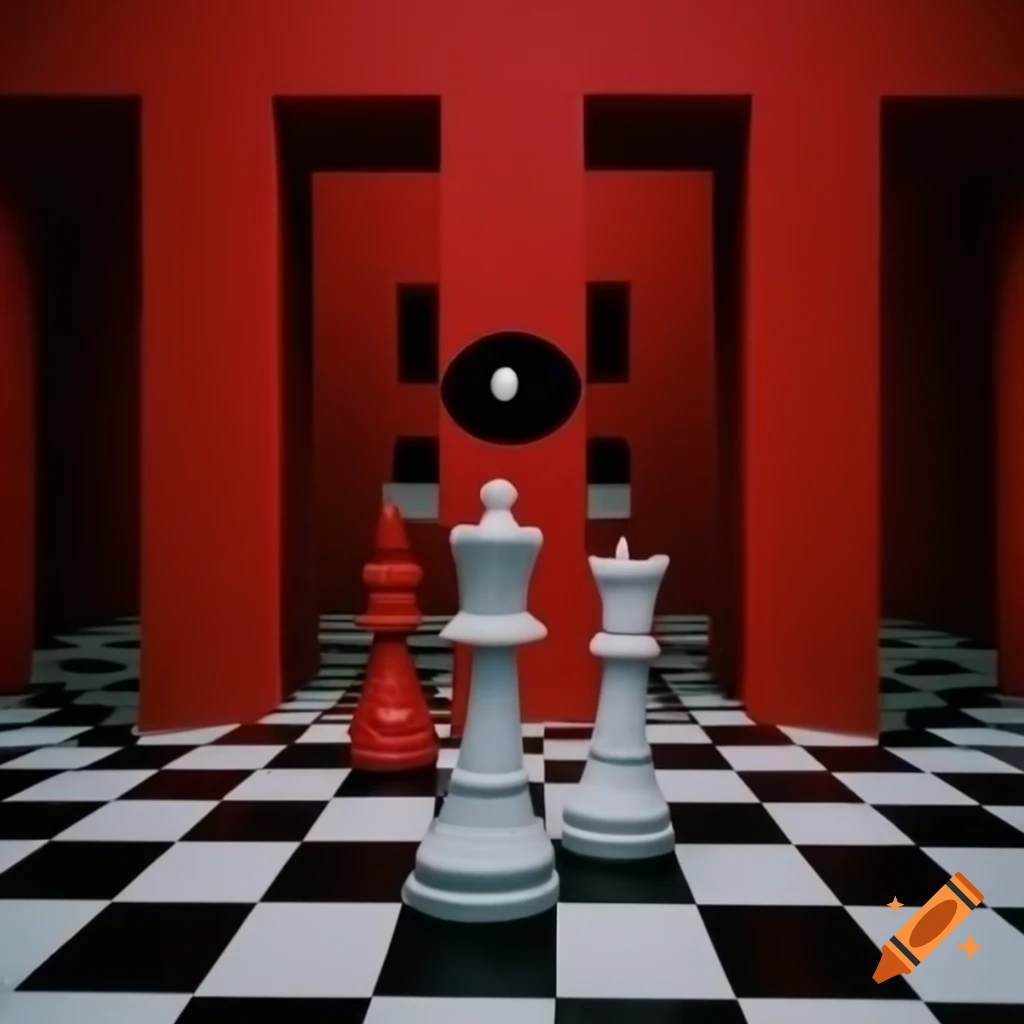 Surreal chess-board with human faces emerging from red squares on Craiyon