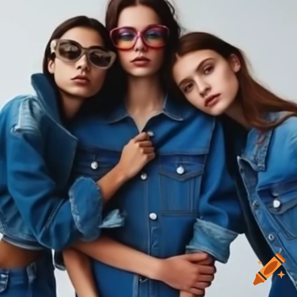 Three young women modeling denim fashion in confident poses on Craiyon