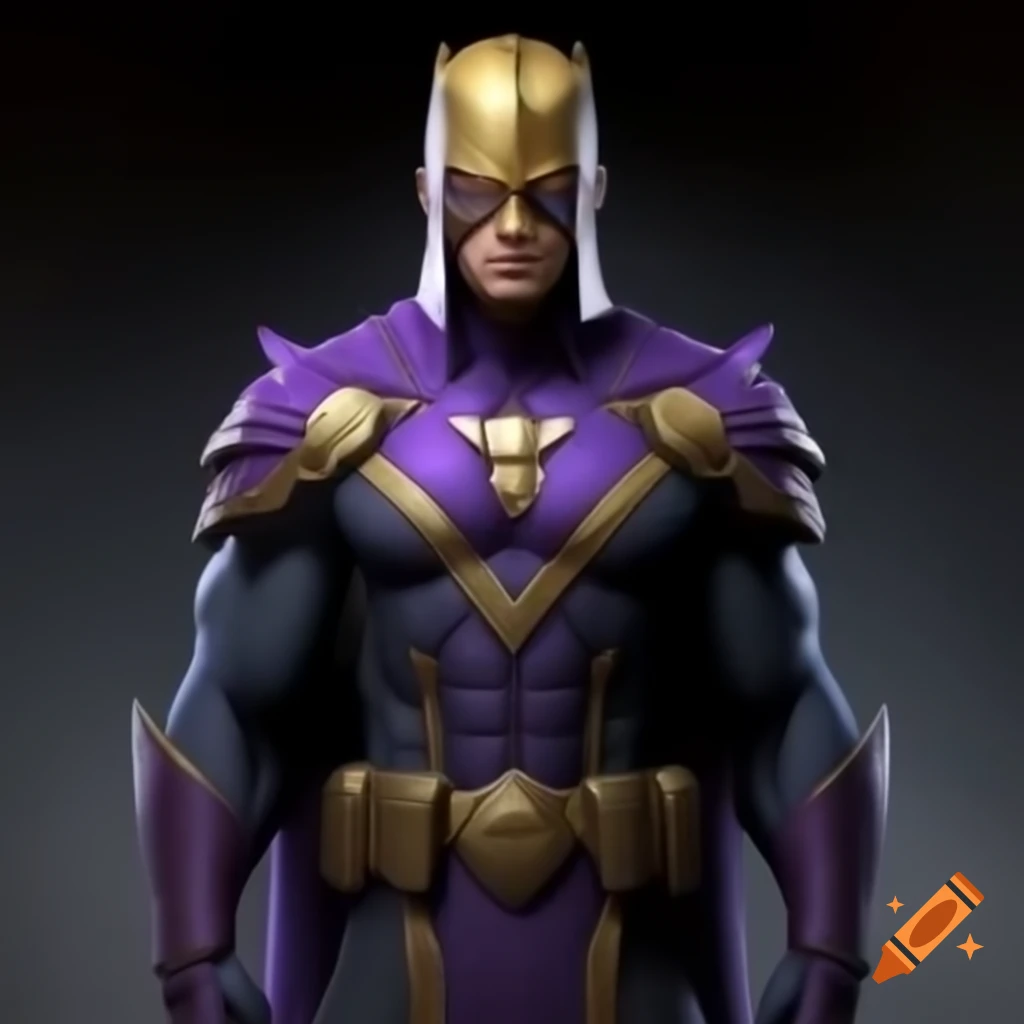 Superhero in dark pale purple and golden armored outfit with mask on ...