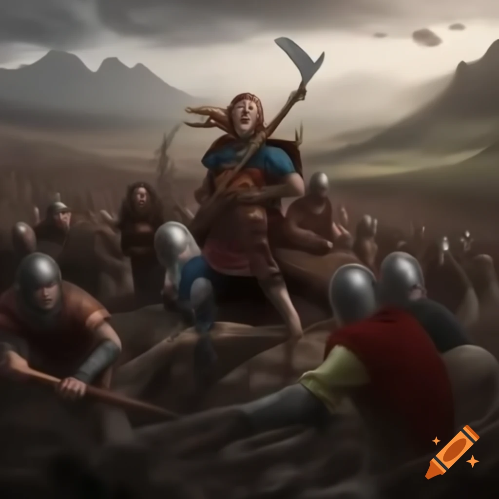 Medieval fantasy scene of barbarian army on rocky battlefield with ...