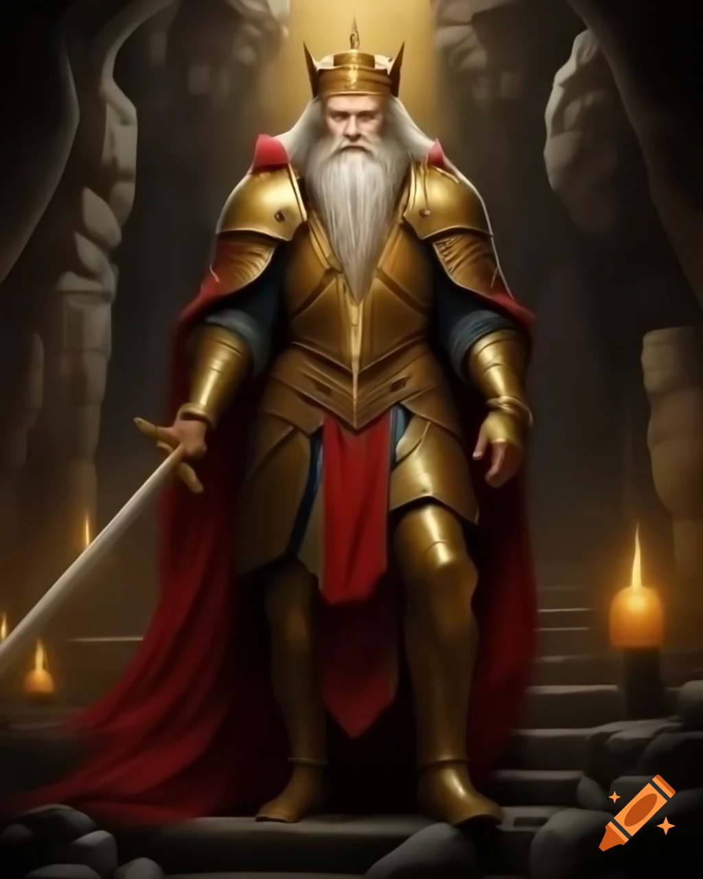 Brave king in golden armor at ancient cave entrance with glowing ...