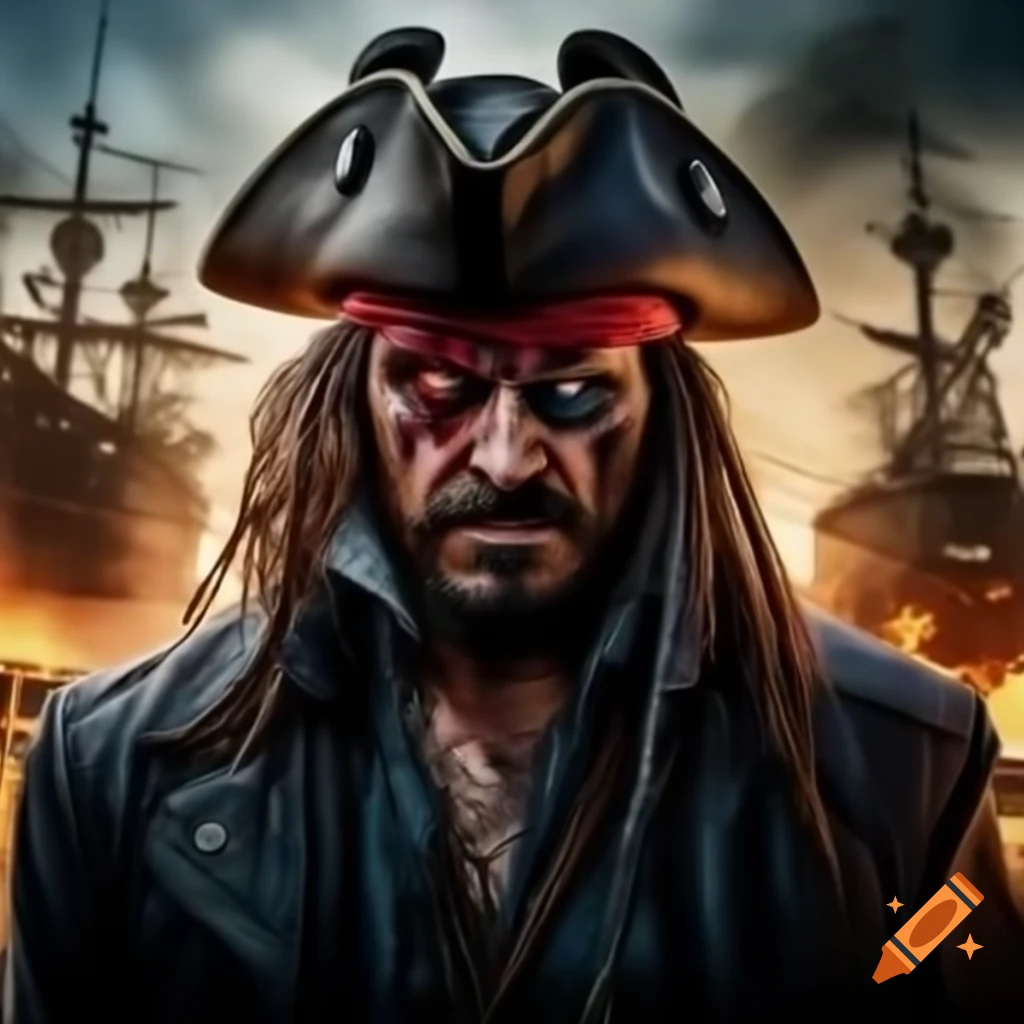 Angry pirate with eye patch and ships on fire in background on Craiyon