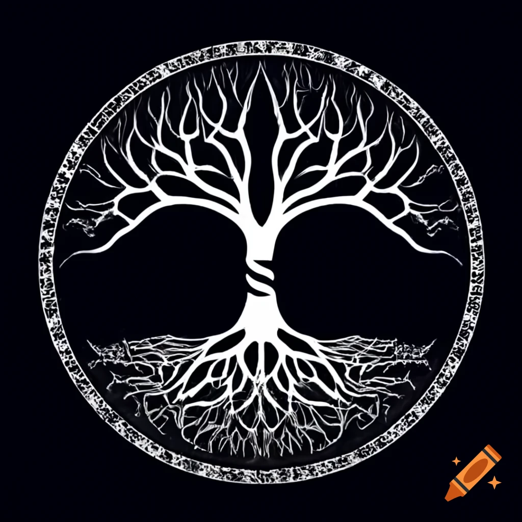 Yggdrasil tree with human heart intertwined in roots and Nordic runes ...