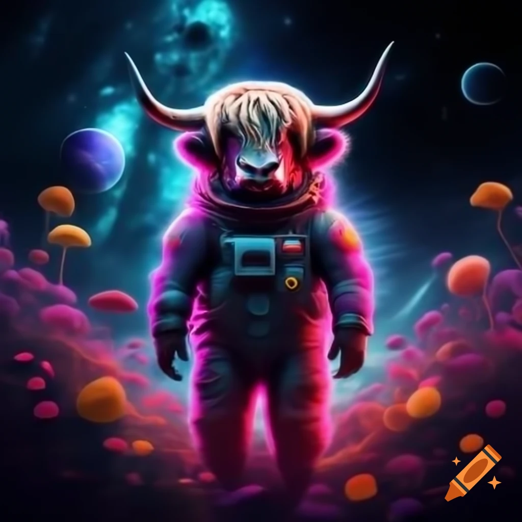Highland cow astronaut planting flag in neon galaxy with planets on Craiyon