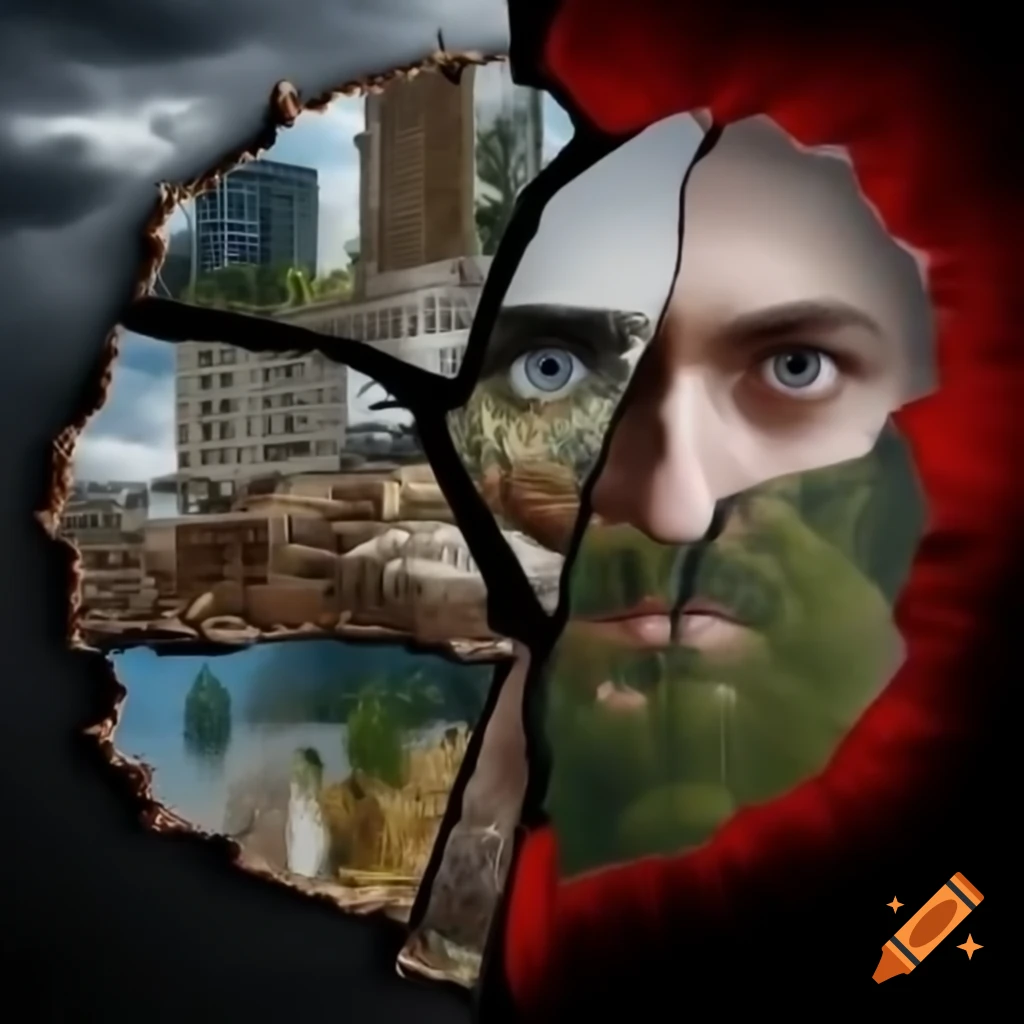 Fragmented collage of broken mirrors and distorted faces amidst nature ...