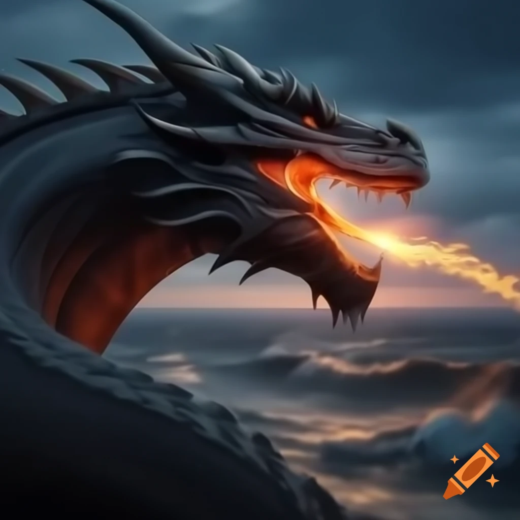Huge dragon illuminated with golden light emerging from calm sea on Craiyon