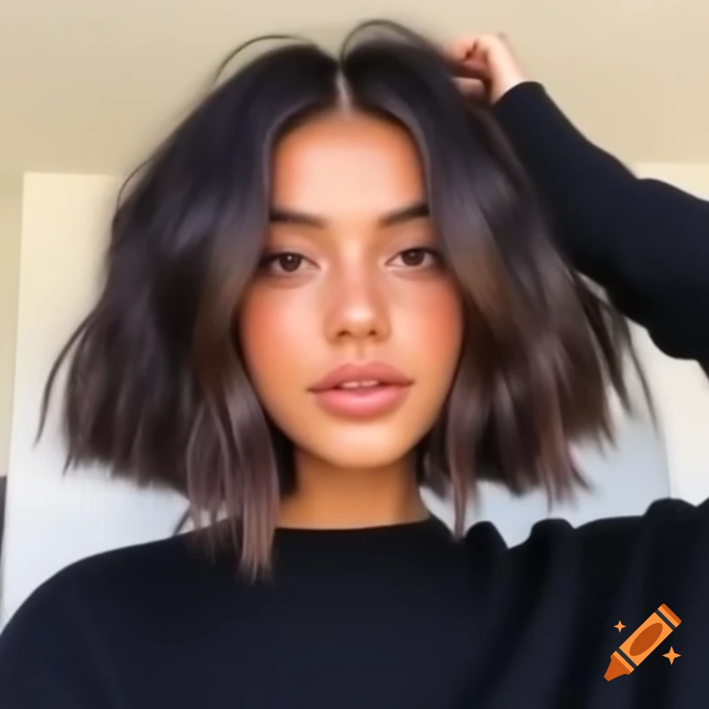 Mediterranean woman with asymmetrical bob hairstyle and thick dark ...