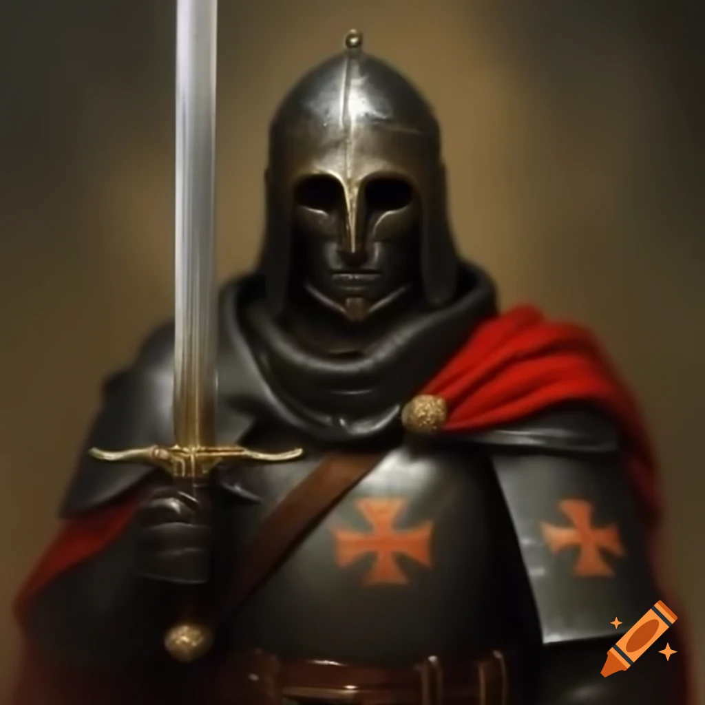 Christian soldier in armor with longsword and cross insignia on Craiyon