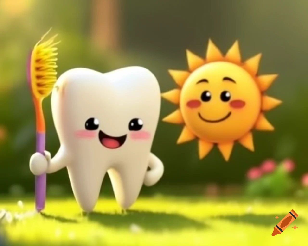 Cute smiling tooth carrying toothbrush in garden with bright sun on Craiyon