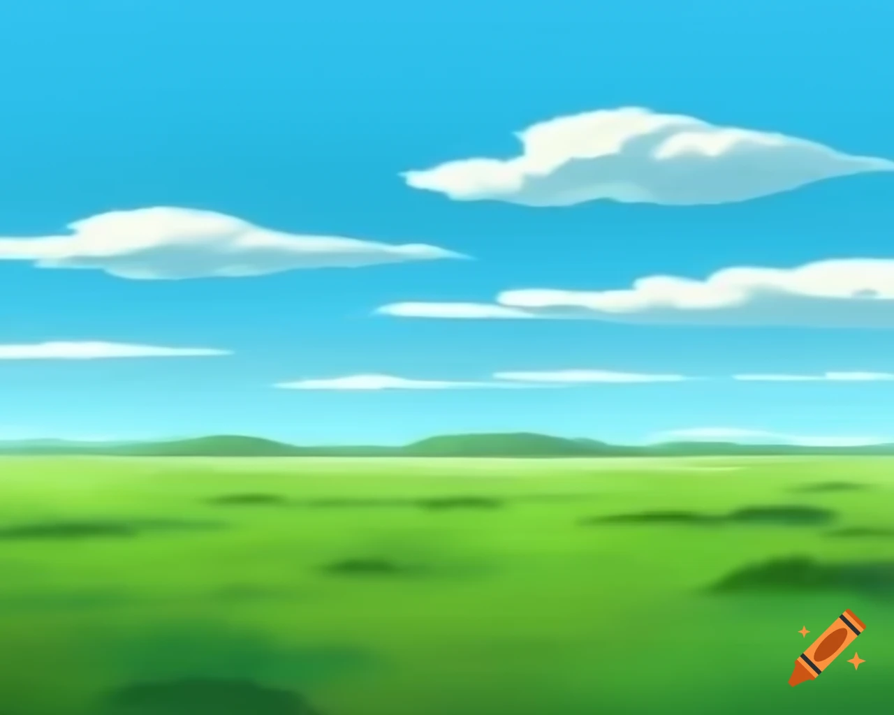 Cartoon illustration of open plain with grassy land and blue sky on Craiyon