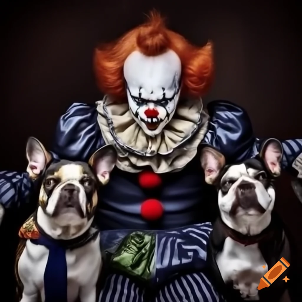 Scary circus featuring clowns and French bulldogs in Halloween costumes ...