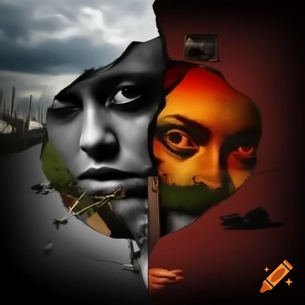 Fragmented collage of broken mirrors and distorted faces amidst nature ...