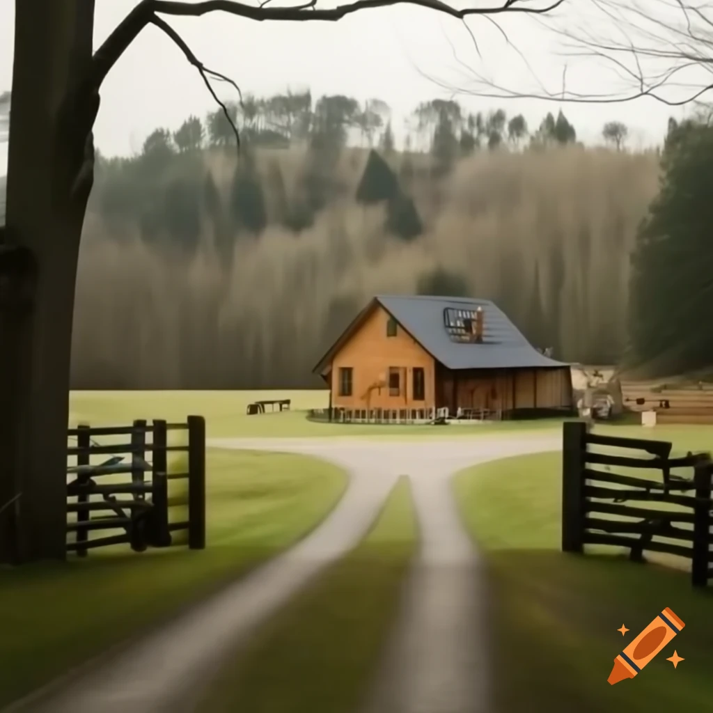 Wooded country setting with cabin and log home distance on Craiyon