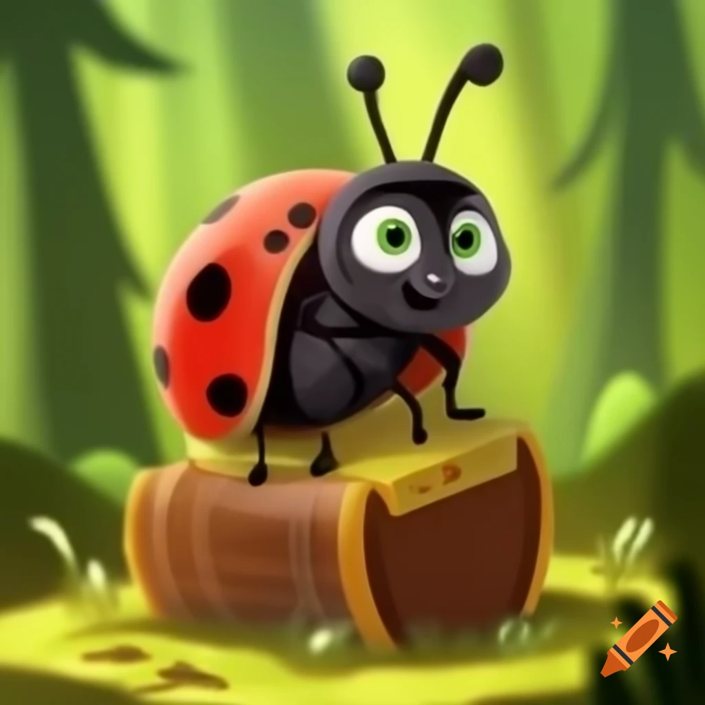 Pixar-style ladybug kid discovering treasure in wooded dunes on Craiyon
