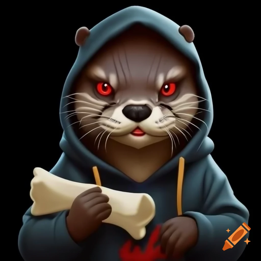 Evil cartoon otter with red eyes in hoodie chewing bone on Craiyon