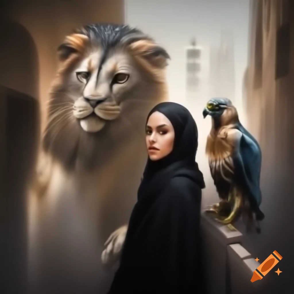 Woman in black hijab walking with jinn featuring lion's head and Moroccan flag on Craiyon