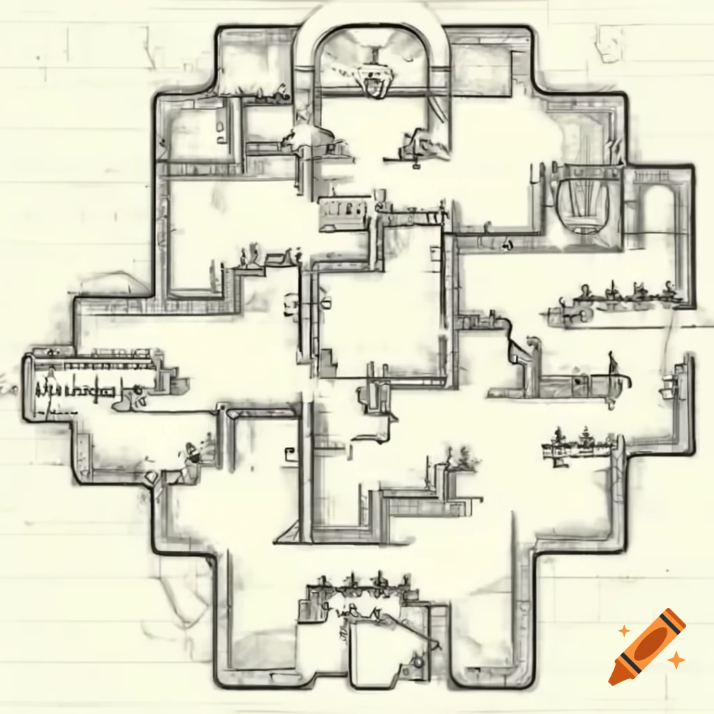 Top-down pencil sketch of game level design layout for Doom and Quake ...