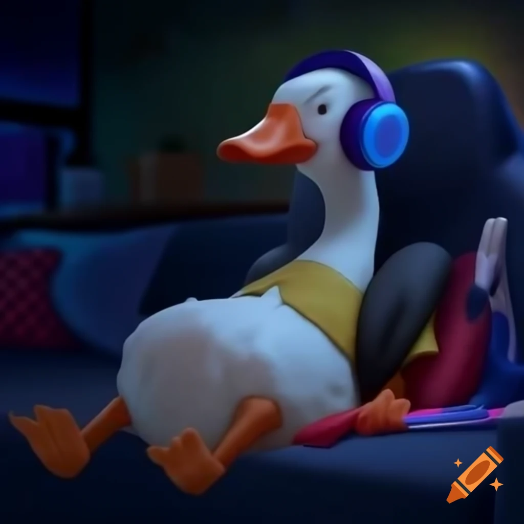 Goose wearing gaming headphones sitting on couch creating memes on Craiyon