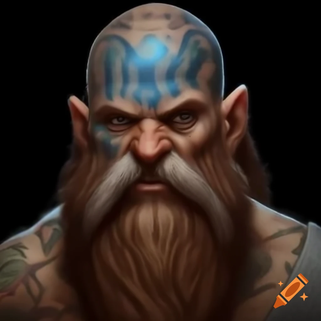 Bald dwarf druid with blue Pictish tattoos and brown beard on Craiyon