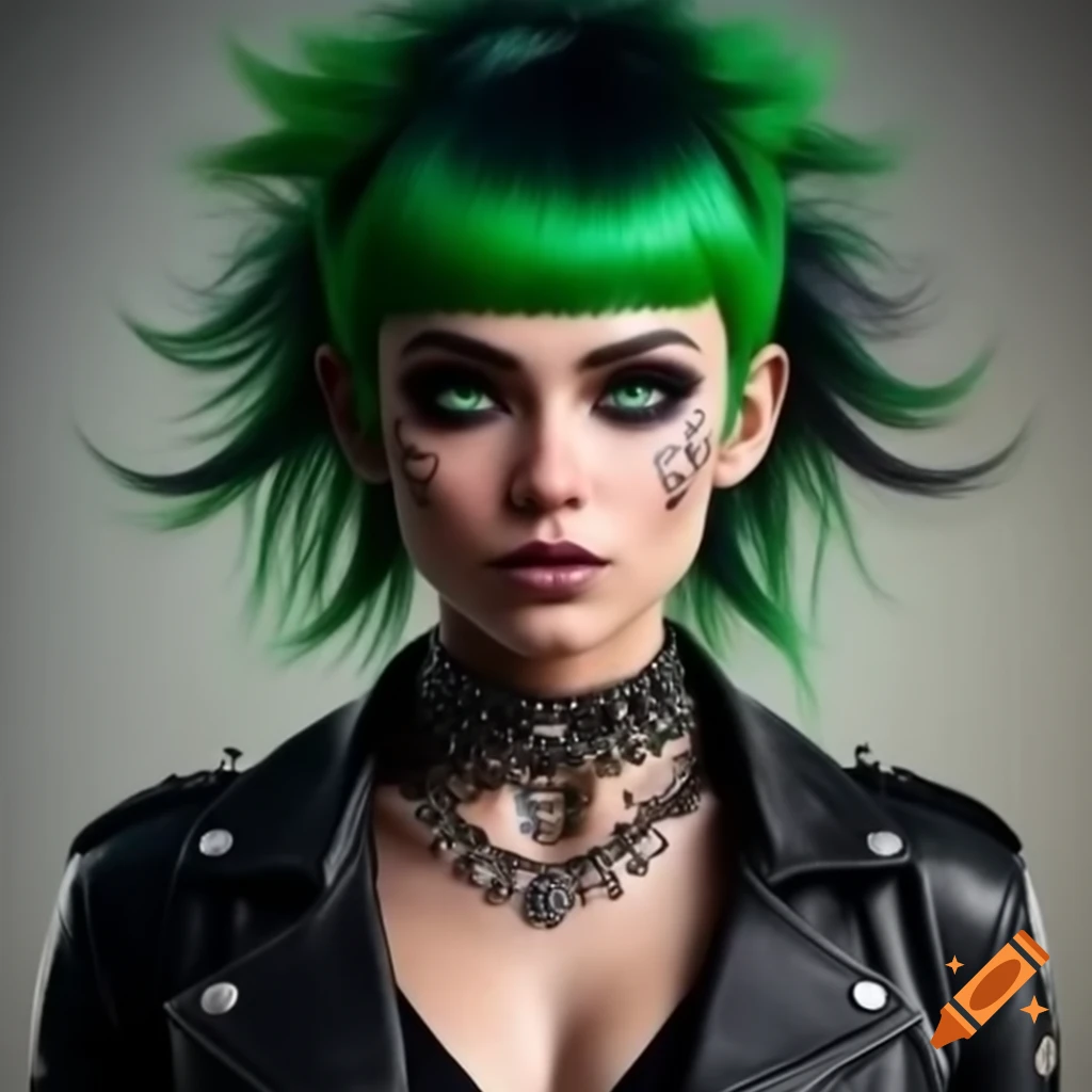 Cute punk woman with green and black hair in spiked choker and biker ...