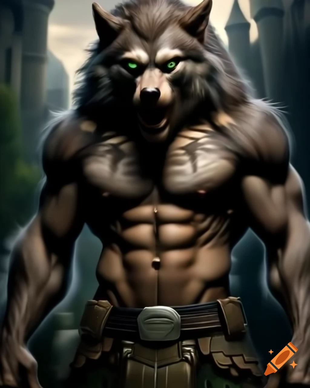 Anthropomorphic werewolf with chocolate brown fur in kilt against castle backdrop on Craiyon