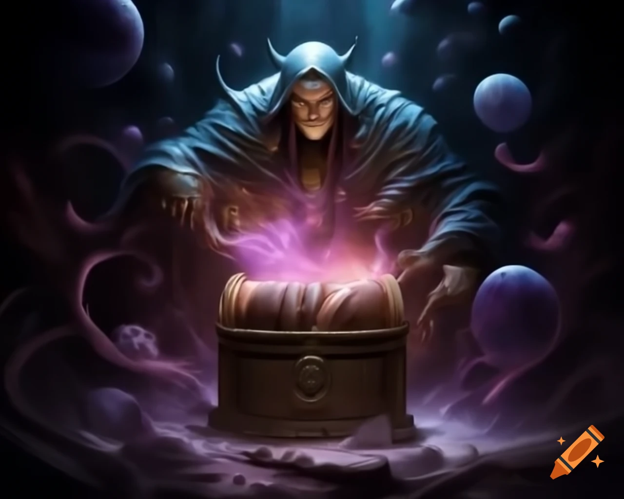 Cyclops opening treasure chest in dark fantasy art with cosmic horror ...