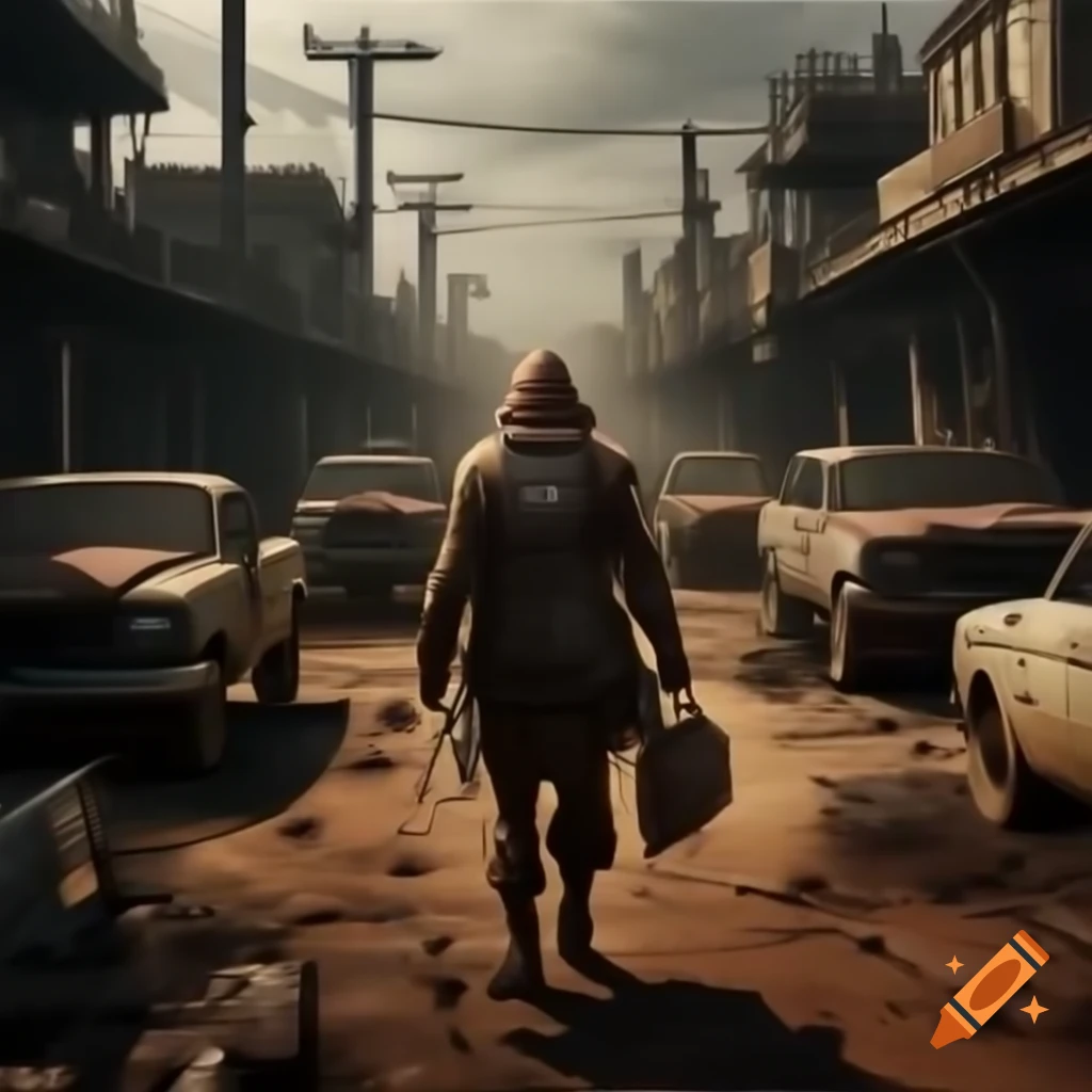 Survivor in tattered clothes navigating desolate wasteland with rusted ...