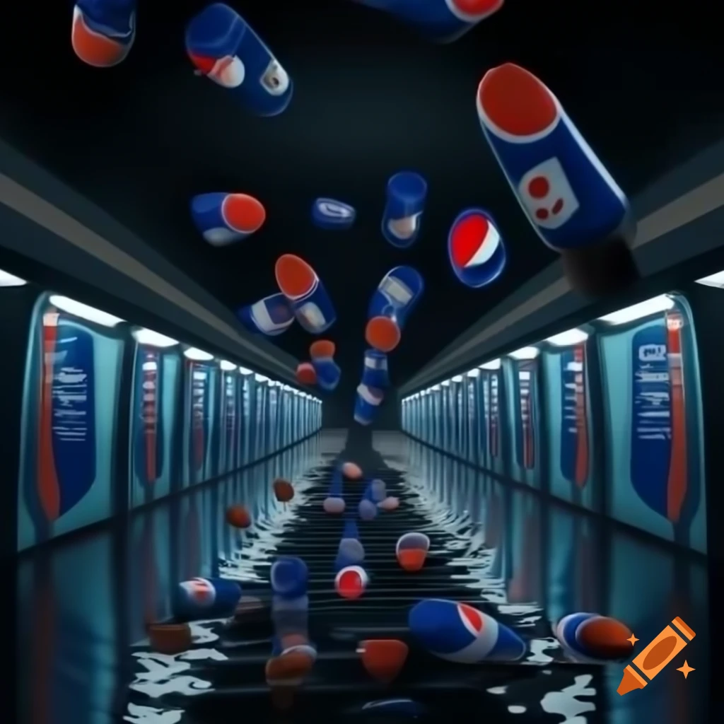 3D render of flooded underground metro hallway with Pepsi vending ...