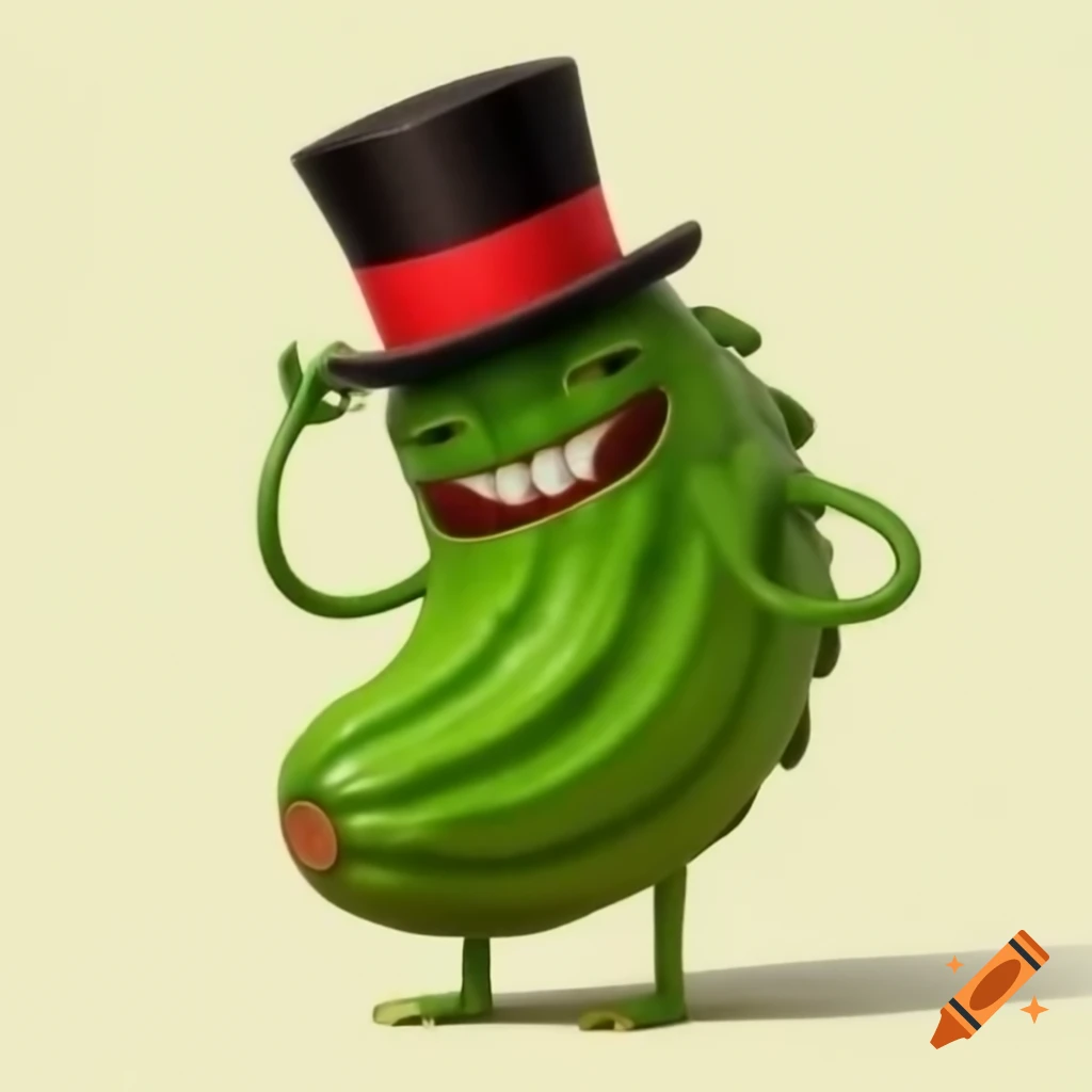 Happy tiny pickle creature with black top hat and red bowtie on Craiyon