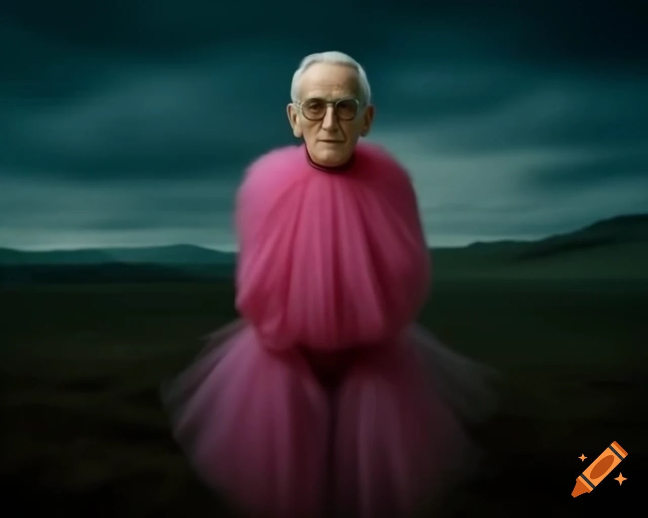 Old man in pink tutu standing in dystopian landscape on Craiyon