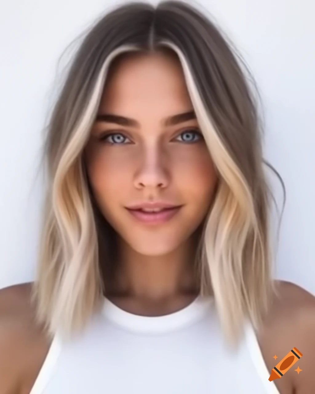 Young woman with pale blue eyes and blond bob hairstyle, wearing a white sleeveless top on Craiyon