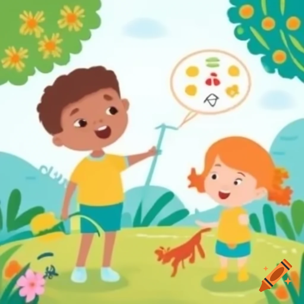 Childlike drawing of a garden with various flowers representing ...