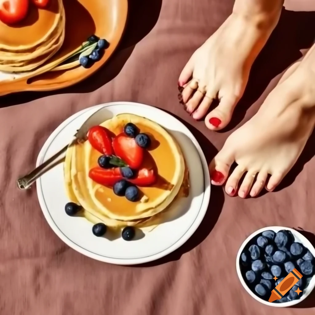 Feet surrounded by pancakes, honey, strawberries, and blueberries on ...