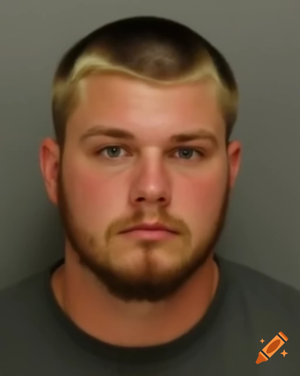 Security guard with short blond hair and gray eyes wearing a gray t ...