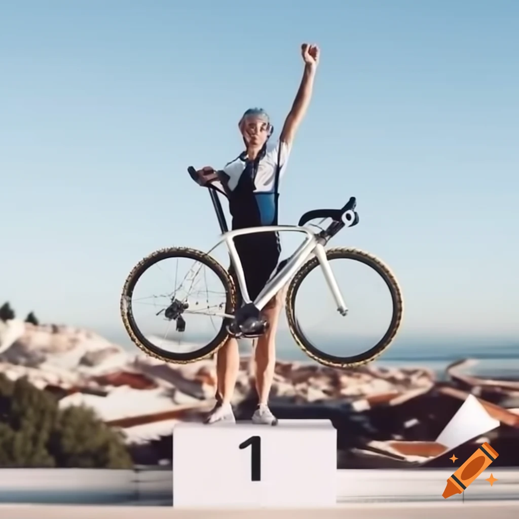 Triumphant cyclist on first place podium in Lisbon cityscape on Craiyon