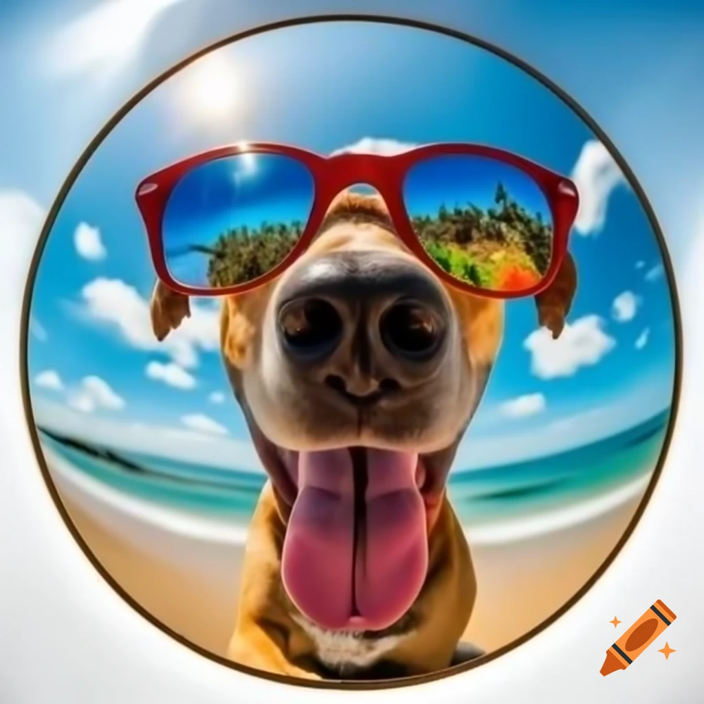 Smug cartoon dog in sunglasses reflecting beach, with text 'kula than a ...
